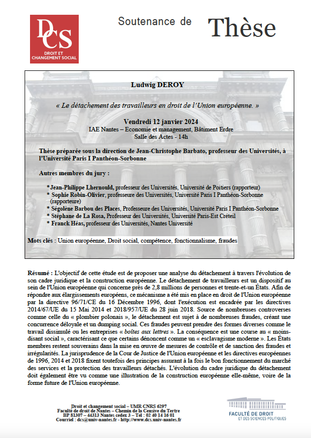 Avis de soutenance - Ludwig DEROY - Le détachement des travailleurs en ...